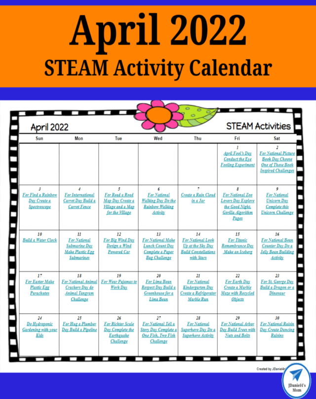 April Holidays on a 2022 STEAM Activity Calendar - JDaniel4s Mom