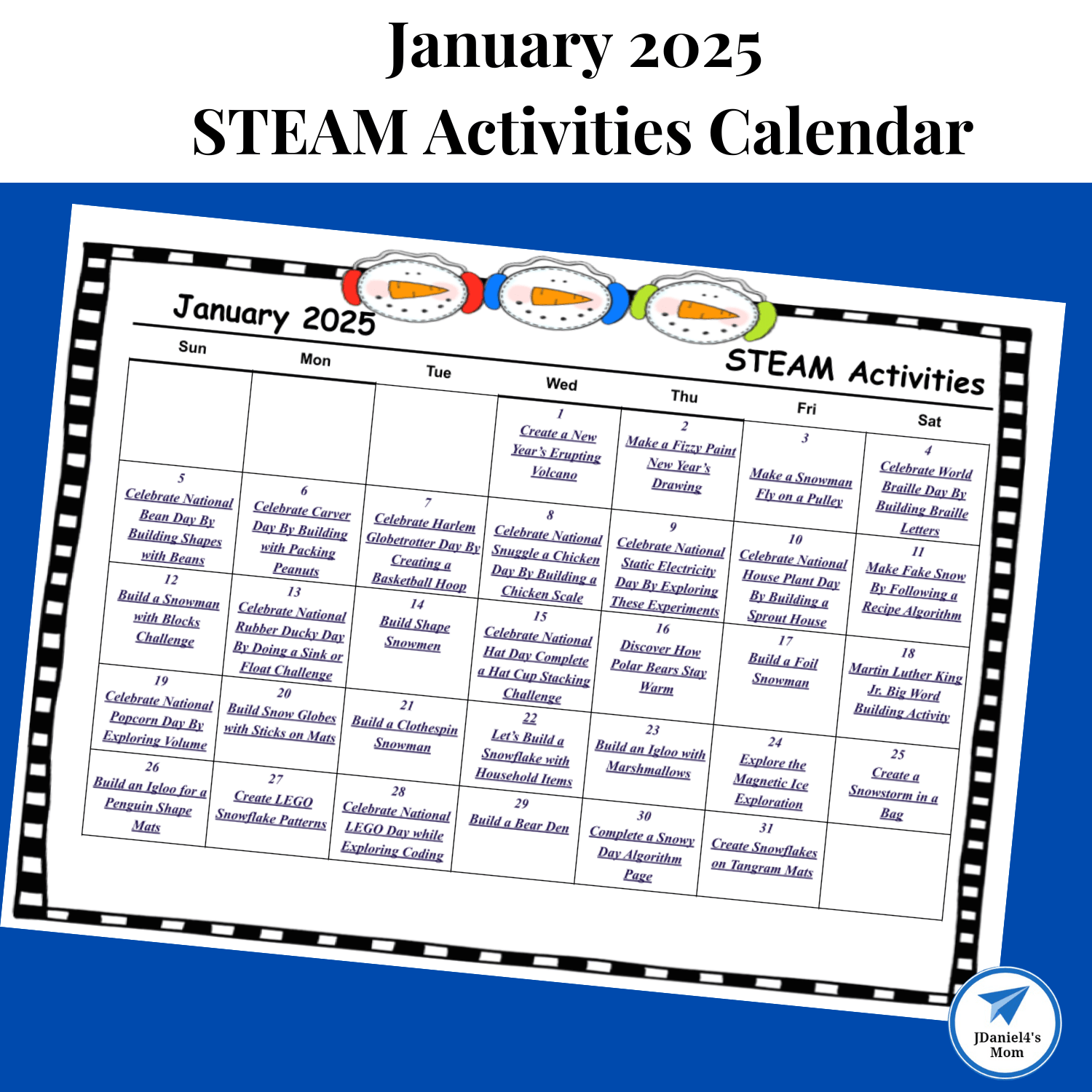 January 2025 STEAM Activity Calendar - JDaniel4s Mom