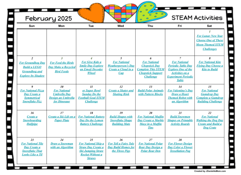 February 2025 STEAM Activity Calendar - JDaniel4s Mom