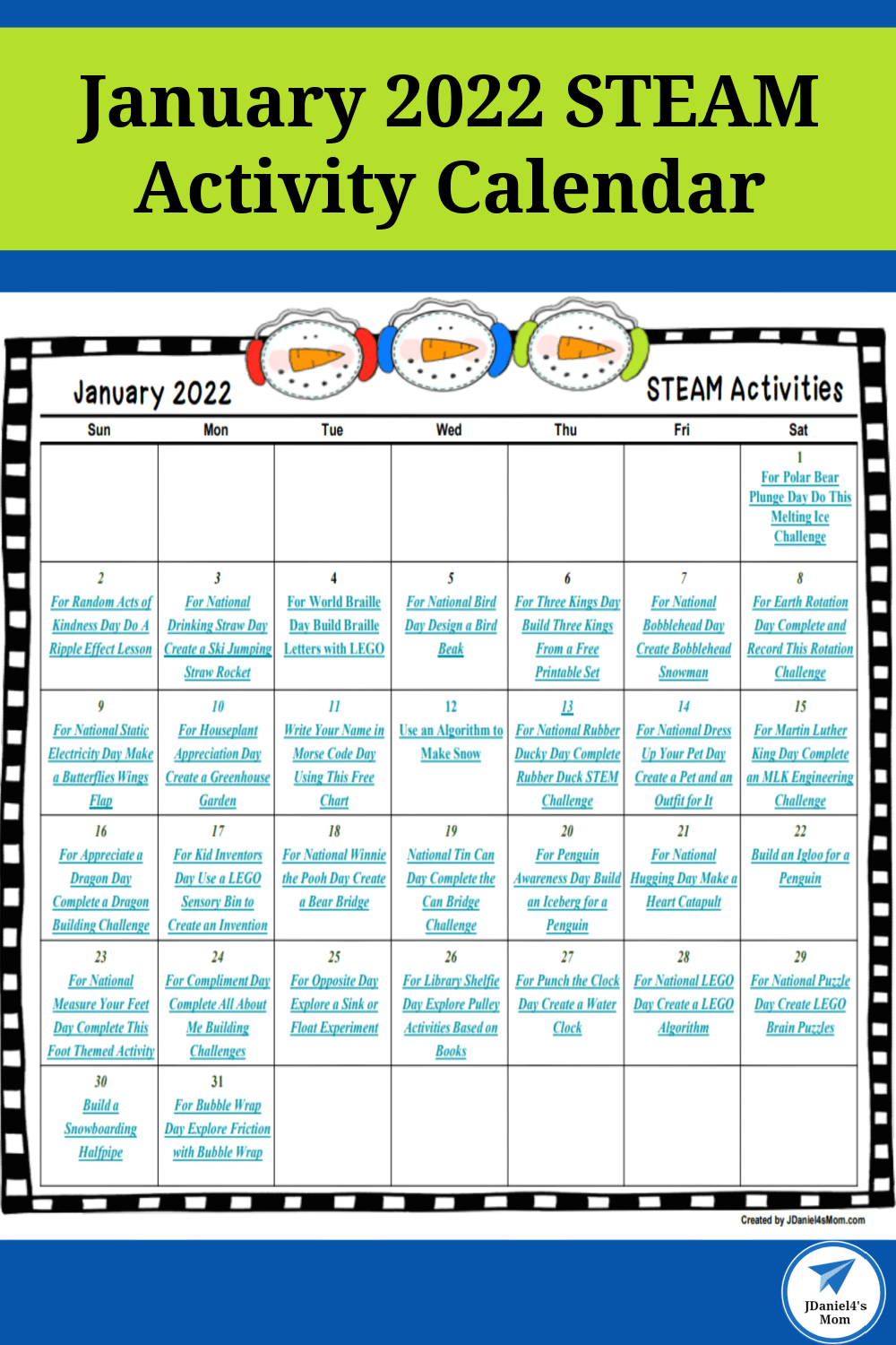 January 2022 STEAM Activity Calendar Featuring January Holidays ...