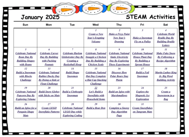 January 2025 STEAM Activity Calendar - JDaniel4s Mom