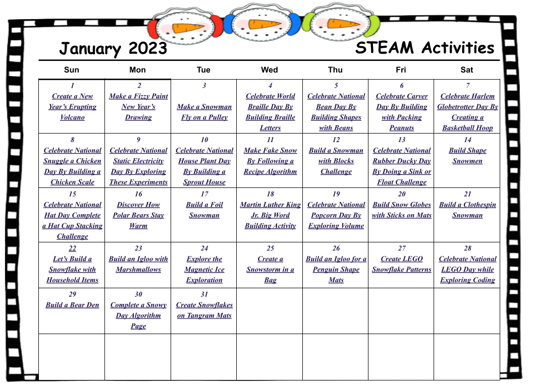 January STEAM Activity Calendar 2023 - JDaniel4s Mom