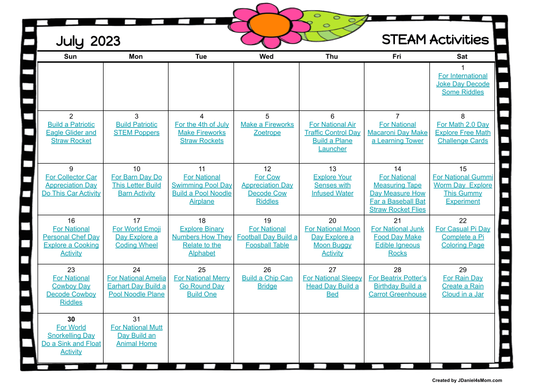 July 2023 STEAM Activities Calendar - JDaniel4s Mom