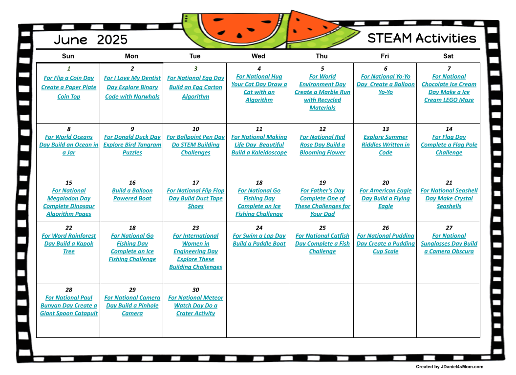 June 2025 STEAM Activities Calendar - JDaniel4s Mom