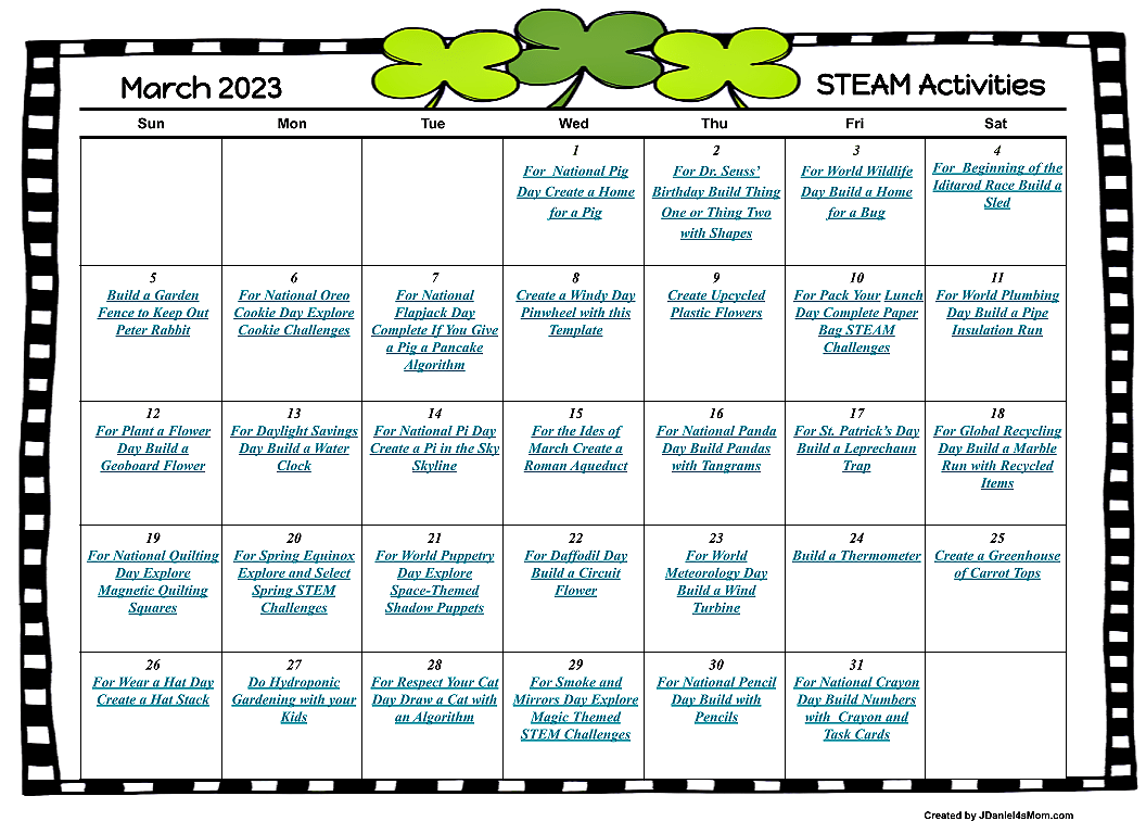 March 2023 STEAM Activities Calendar JDaniel4s Mom March 2023 STEAM Activities Calendar JDaniel4s Mom