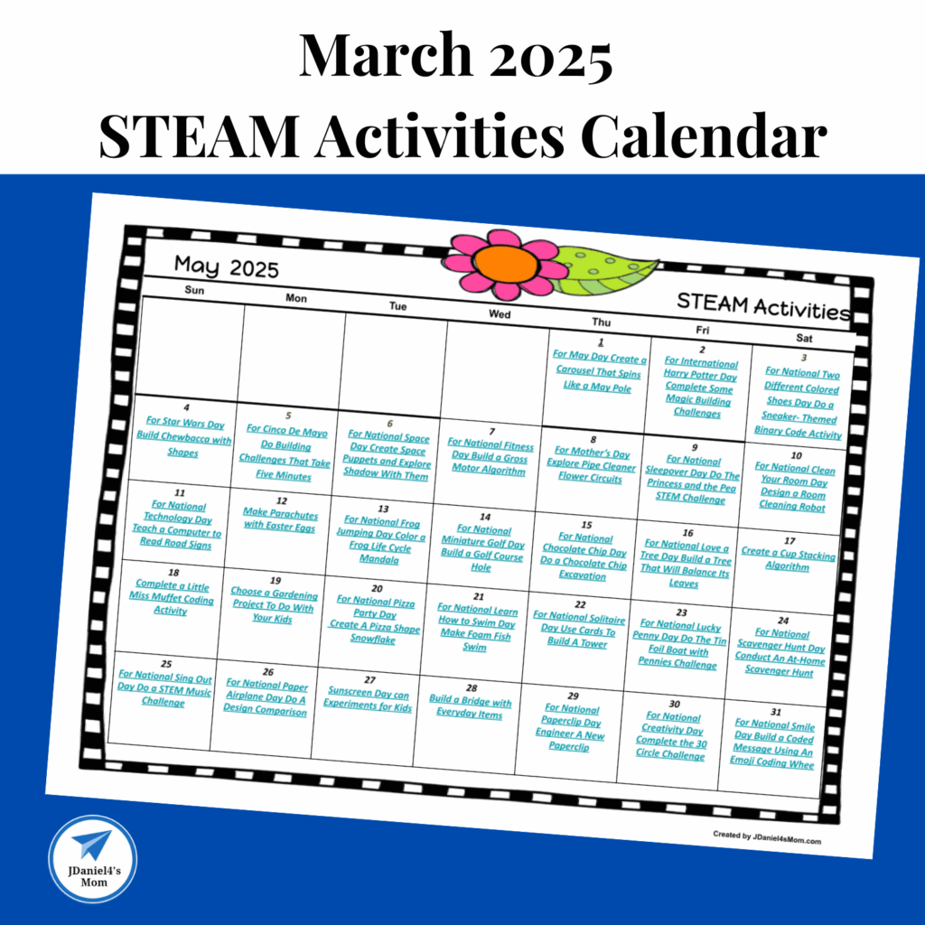 May STEAM Activities Calendar 2025 - JDaniel4s Mom