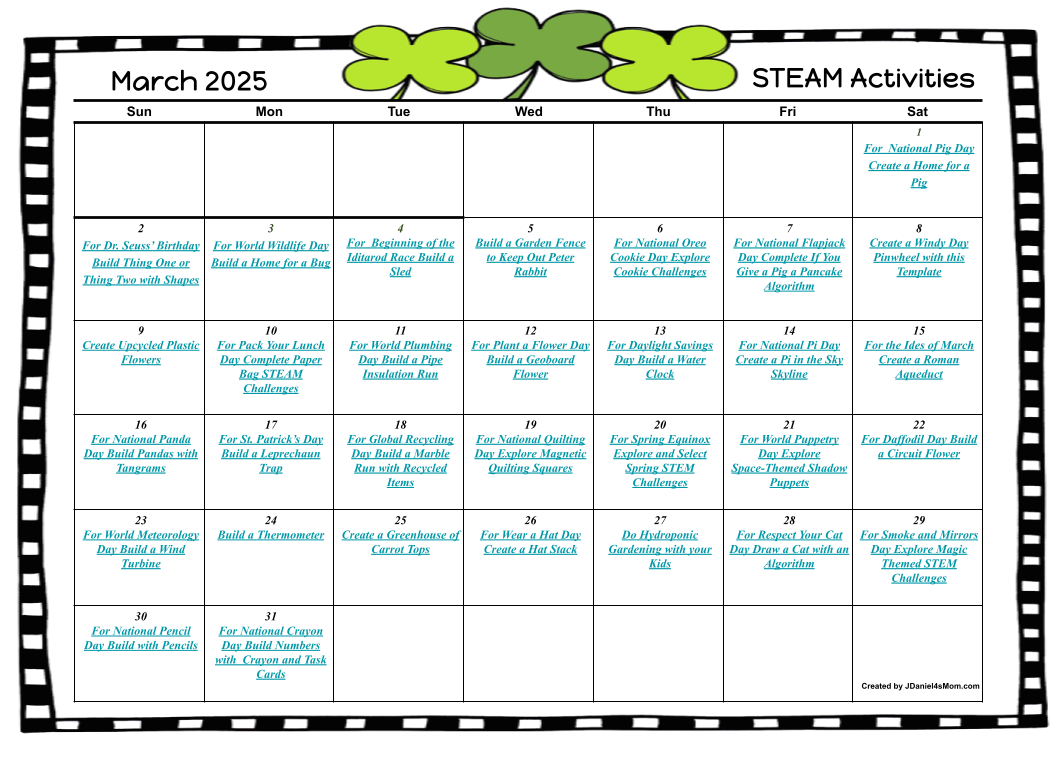 March 2025 STEAM Activities Calendar - JDaniel4s Mom