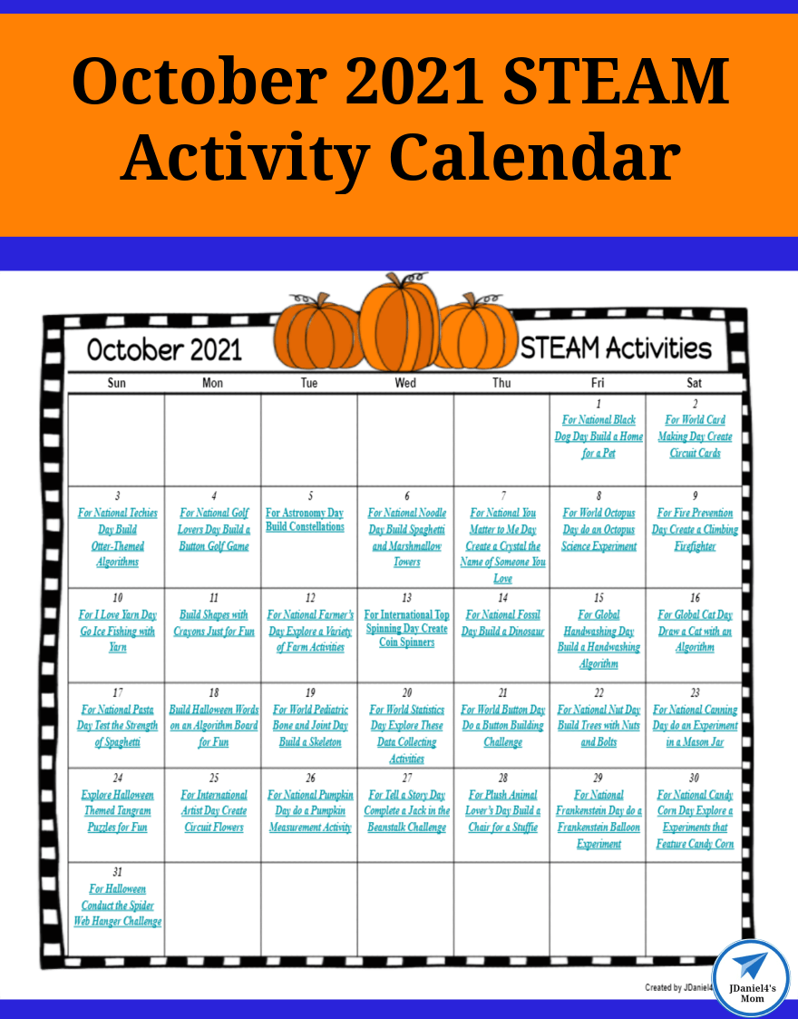 October 2021 STEAM Activity Calendar featuring October Holidays ...