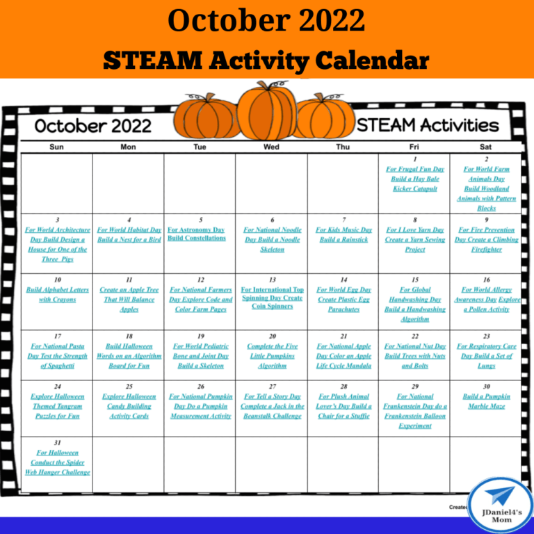 October 2022 STEAM Activity Calendar - JDaniel4s Mom