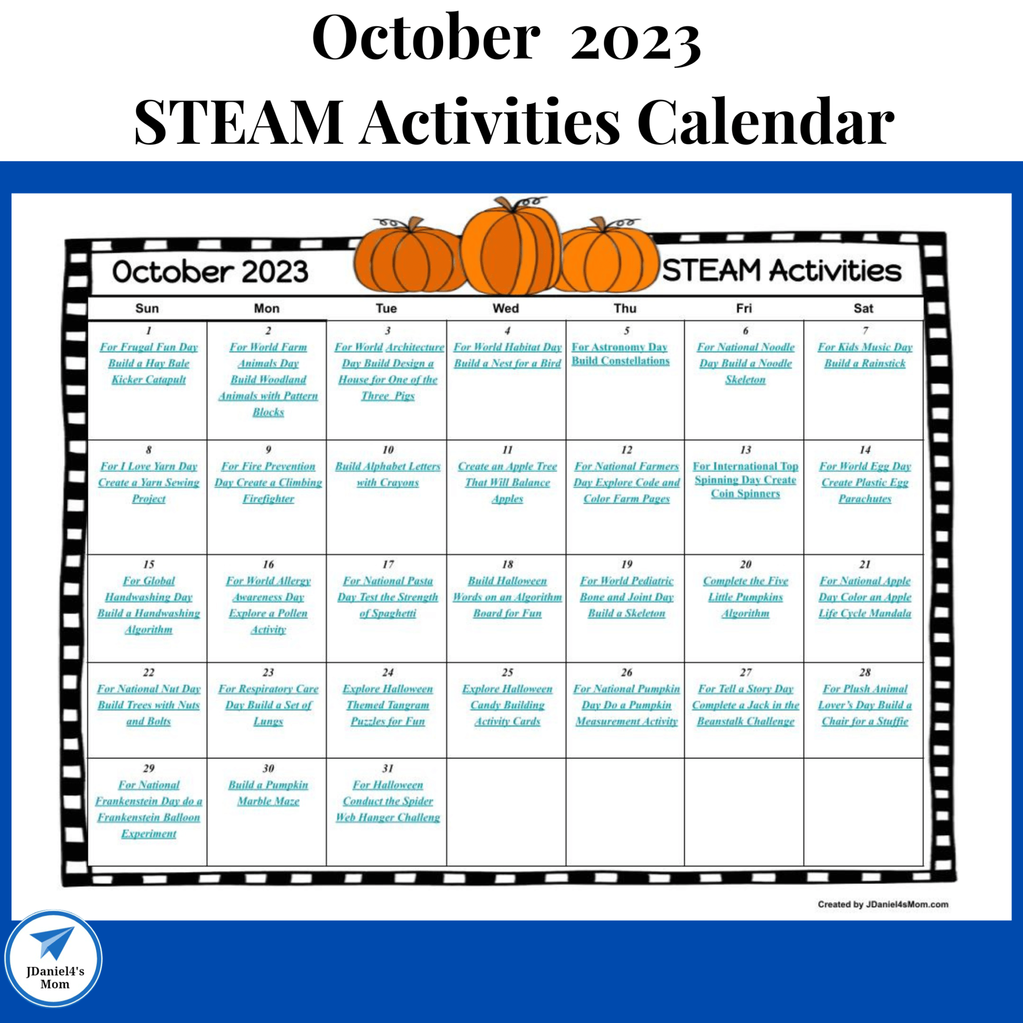 October 2023 STEAM Activities Calendar - JDaniel4s Mom