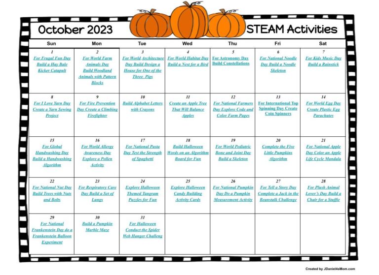 October 2023 STEAM Activities Calendar - JDaniel4s Mom