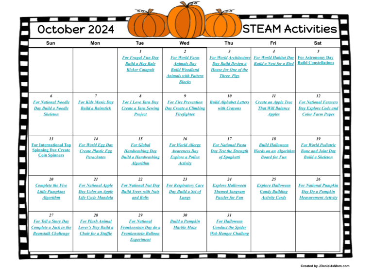 October 2024 STEAM Calendar of Activities - JDaniel4s Mom