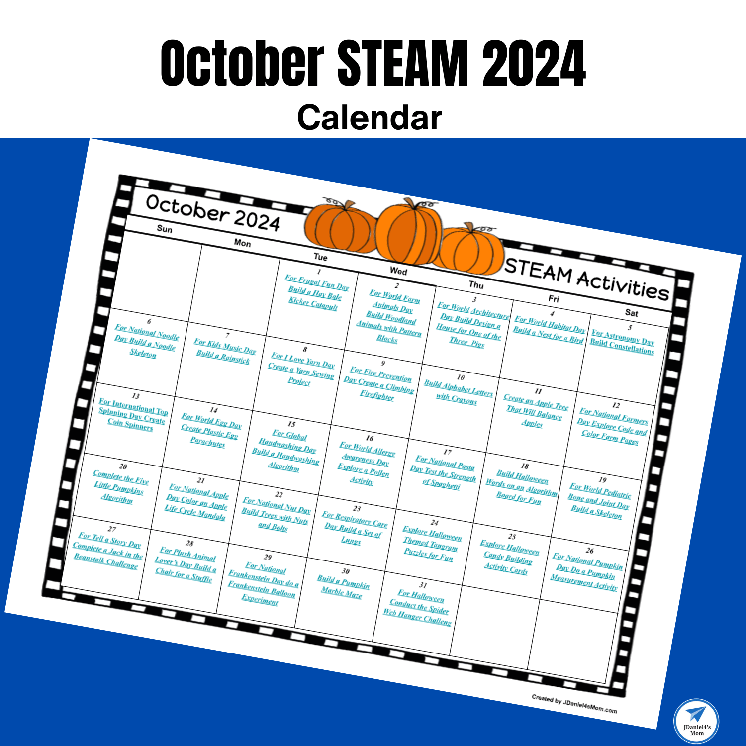 October 2024 STEAM Calendar of Activities - JDaniel4s Mom