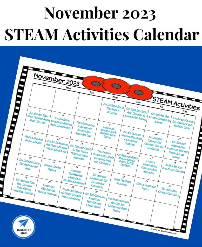 November 2023 STEAM Activities Calendar - JDaniel4s Mom