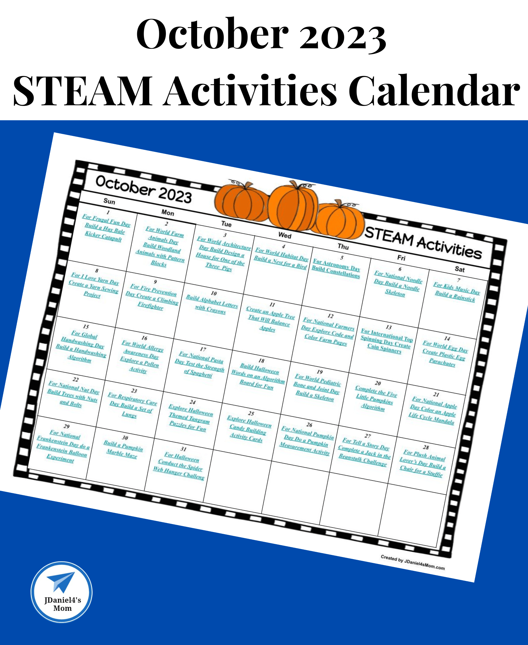 October 2023 STEAM Activities Calendar - JDaniel4s Mom