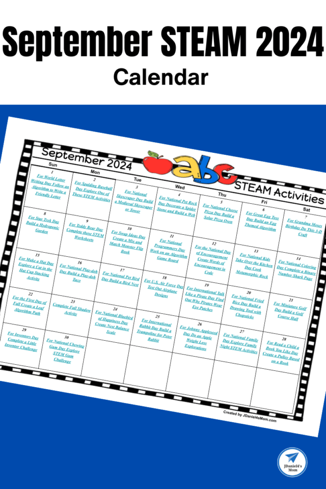 September STEAM Activities Calendar 2024 - JDaniel4s Mom