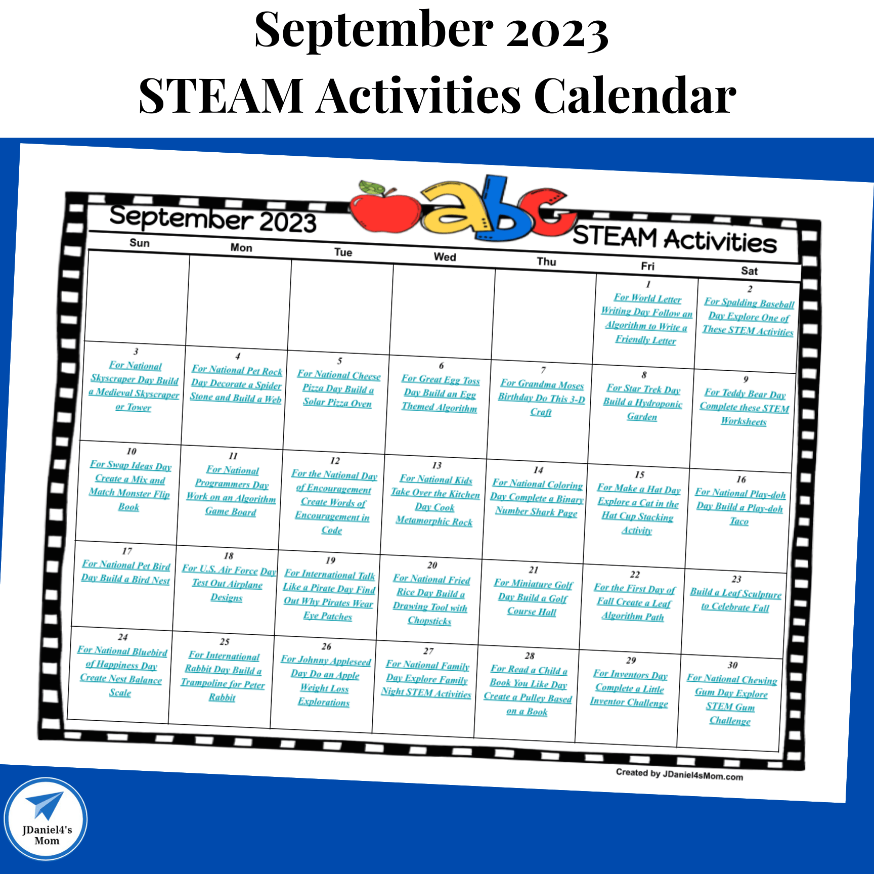 September STEAM Activity Calendar 2023 - JDaniel4s Mom