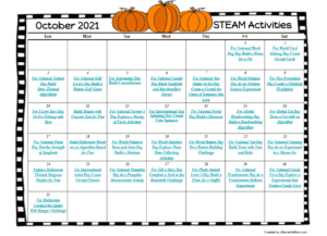 October 2021 STEAM Activity Calendar featuring October Holidays ...